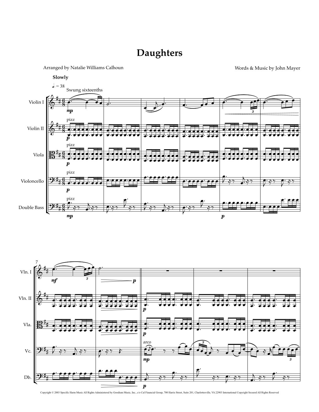 Daughters (arr. Natalie Williams Calhoun) by John Mayer Sheet Music for ...