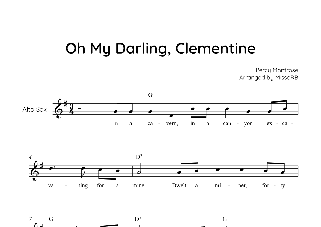 Oh My Darling, Clementine - Alto Sax in Bb With Chords & Lyric - Easy ...