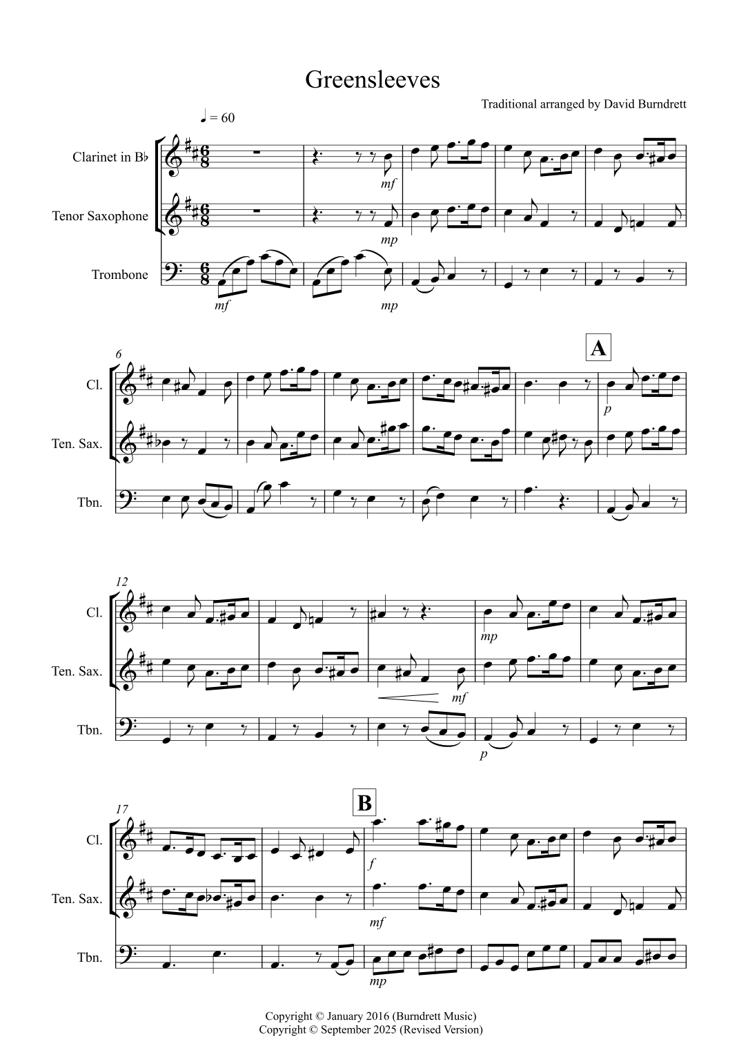 Amazing Grace for Clarinet, Tenor Saxophone and Trombone Trio (arr ...