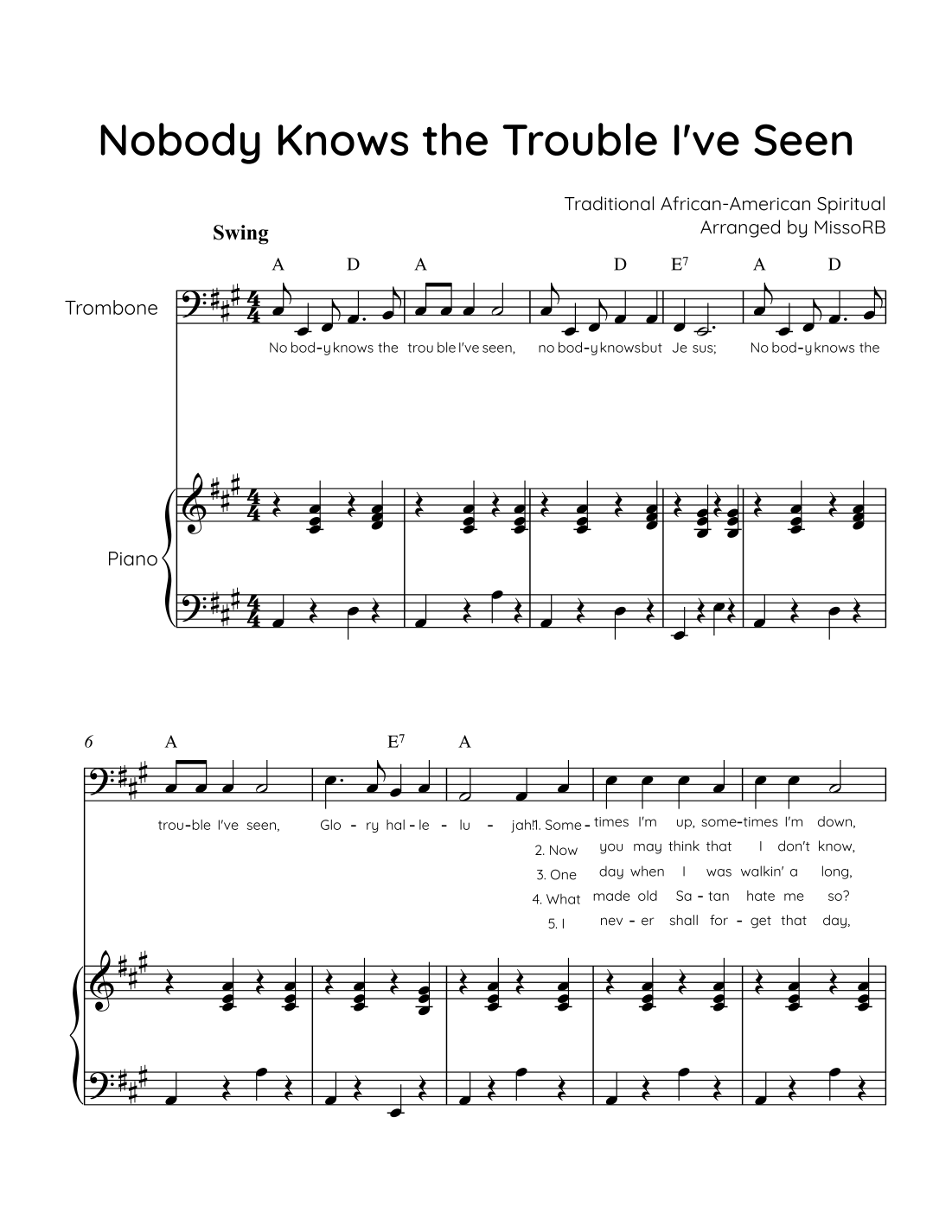 Nobody Knows the Trouble I've Seen - Trombone & Piano in A With Chords ...
