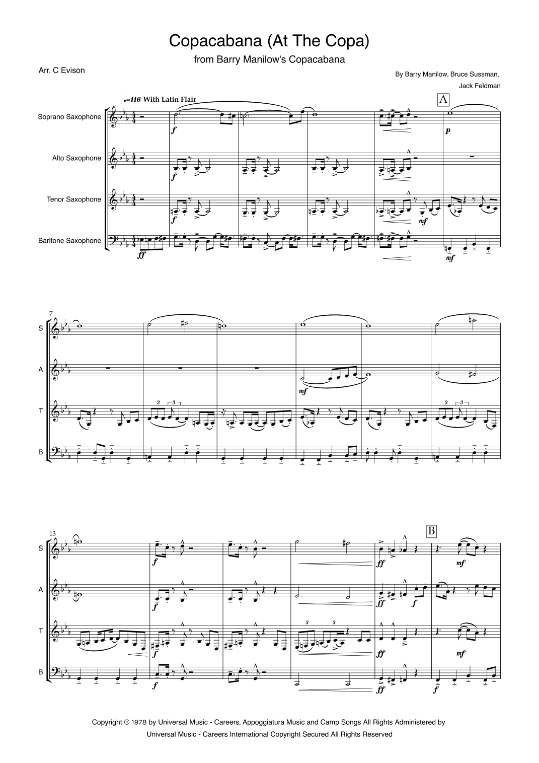 Copacabana (At The Copa) (arr. C Evison) by Barry Manilow Sheet Music ...