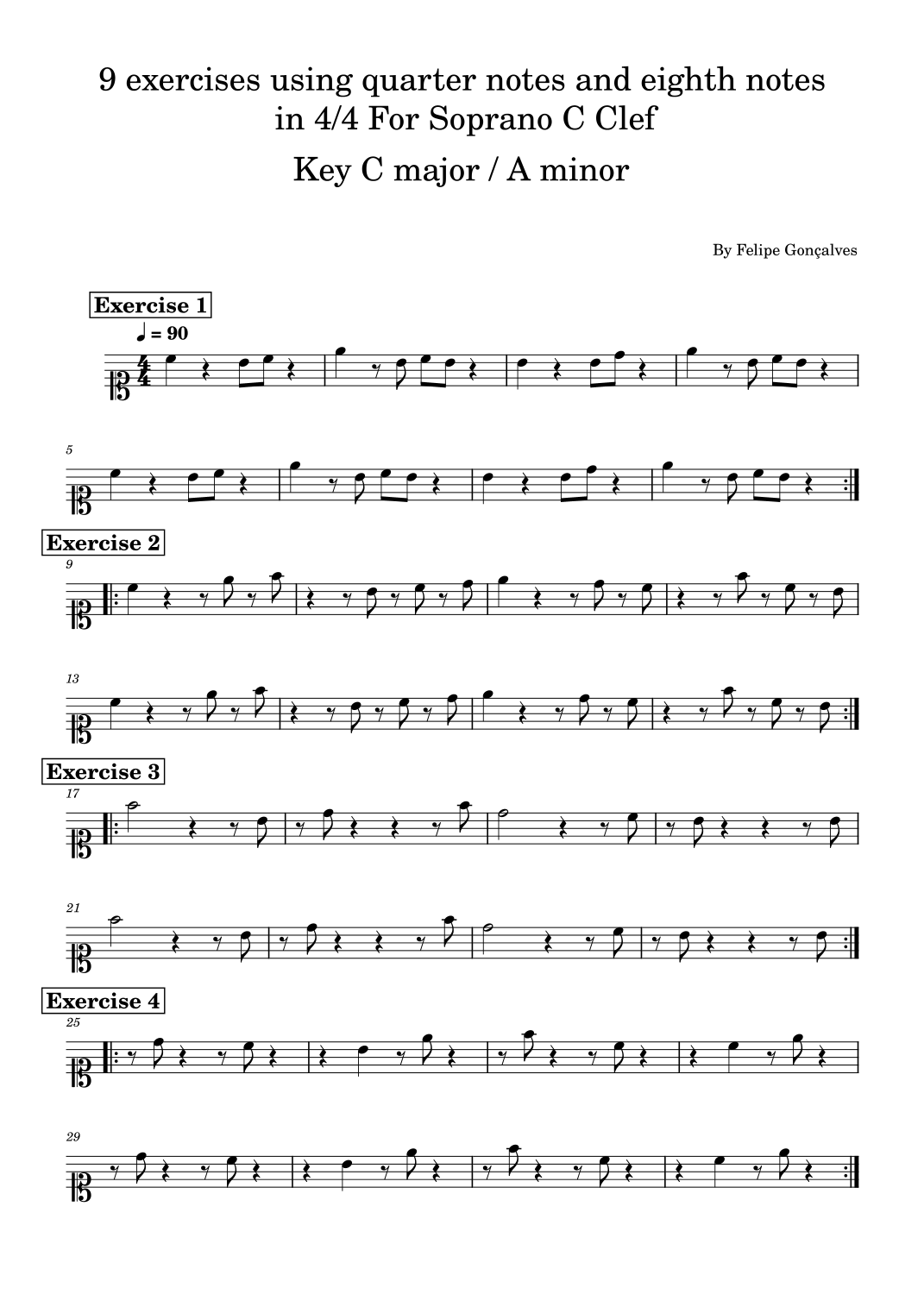 9 exercises using quarter notes and eighth notes in 4/4 For Soprano C ...