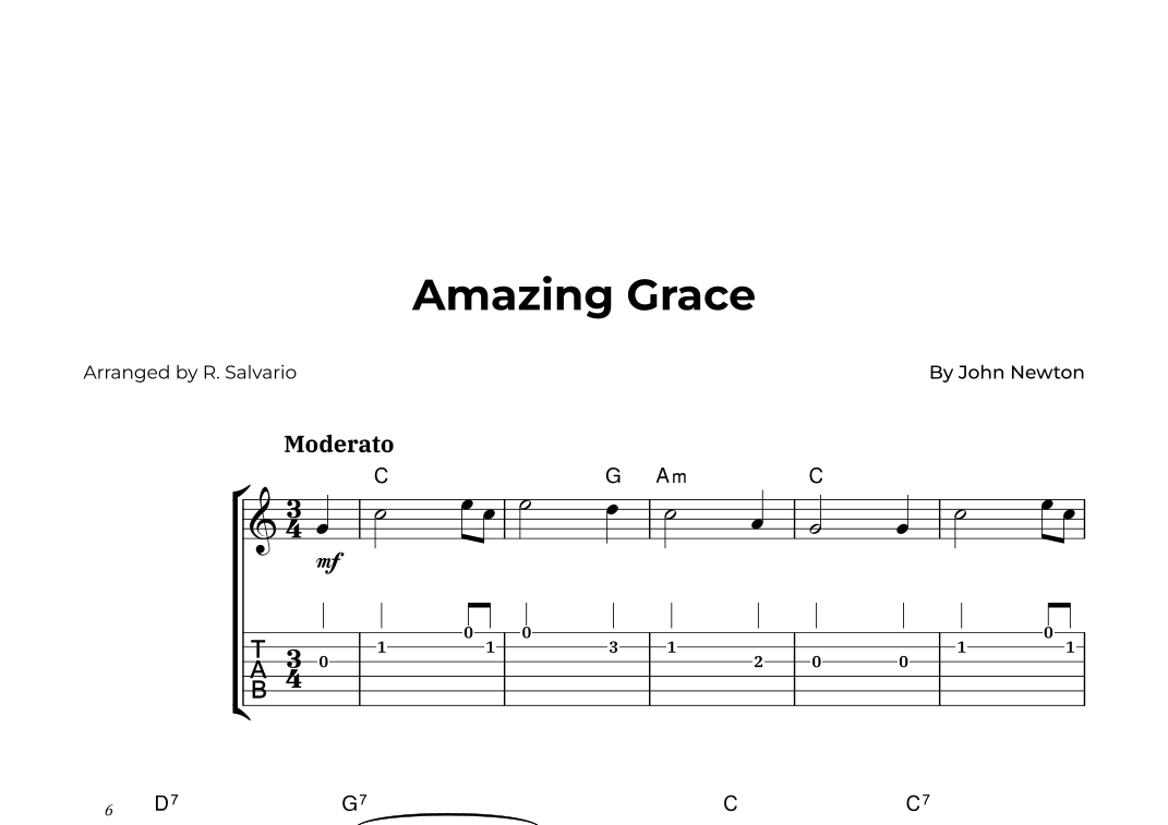 Amazing Grace - Guitar Tab by John Newton Sheet Music for Guitar Tab at ...