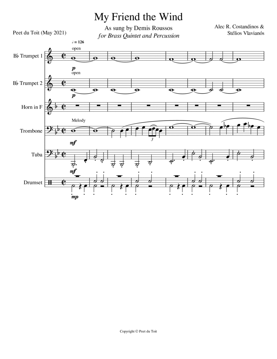 My Friend The Wind (arr. Peet du Toit) by Stylianos Vlavianos Sheet ...