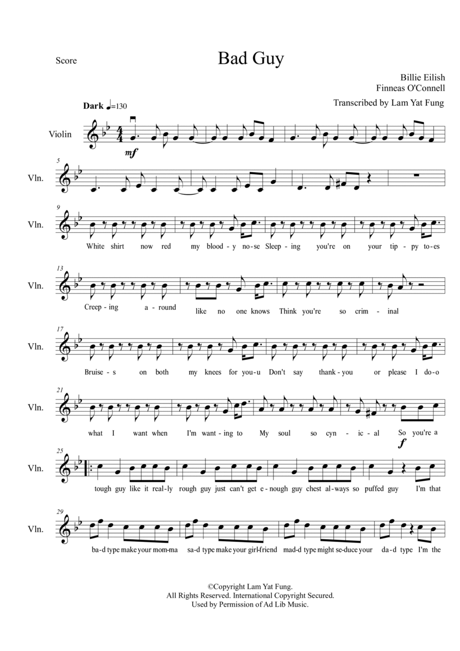 Bad Guy arr Lam Yat Fung By Billie Eilish Sheet Music For Violin