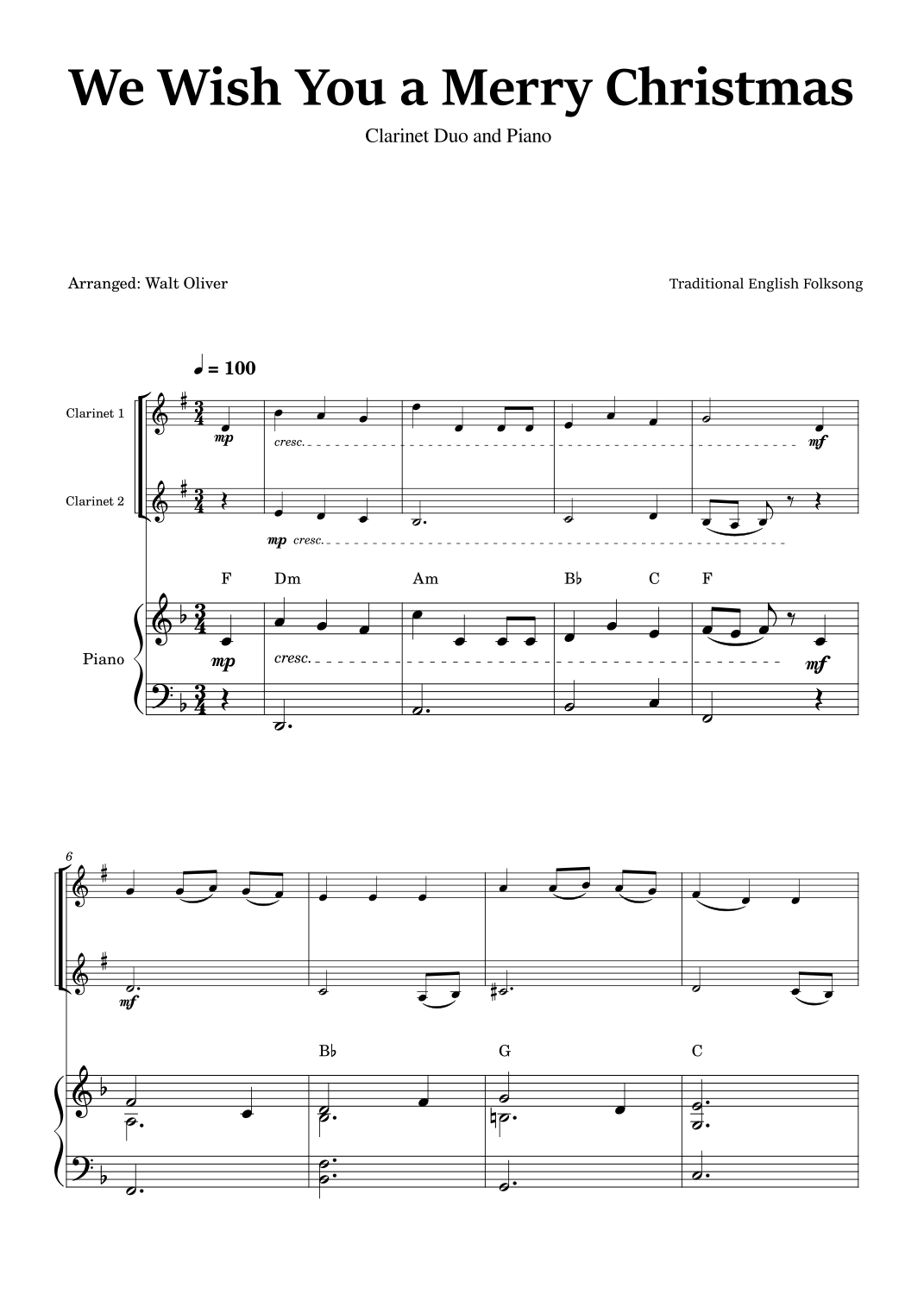 We Wish You a Merry Christmas - Bb Clarinet Duet and Piano - F major ...