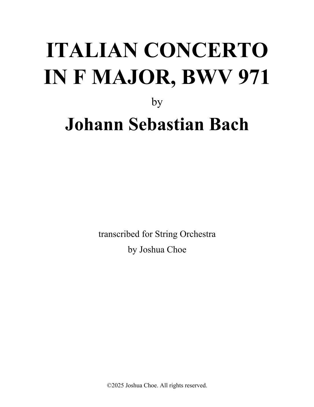 Italian Concerto in F Major, BWV 971 (arr. Joshua Choe) par Johann ...