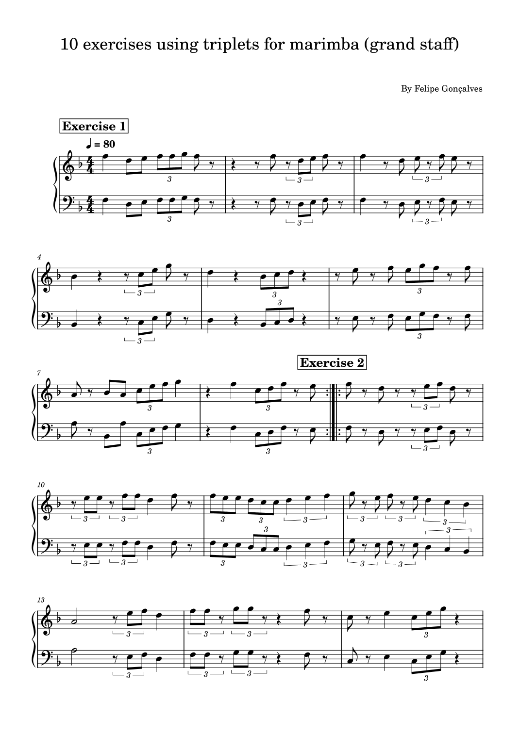 10 exercises using triplets for marimba (grand staff) in the key of F ...