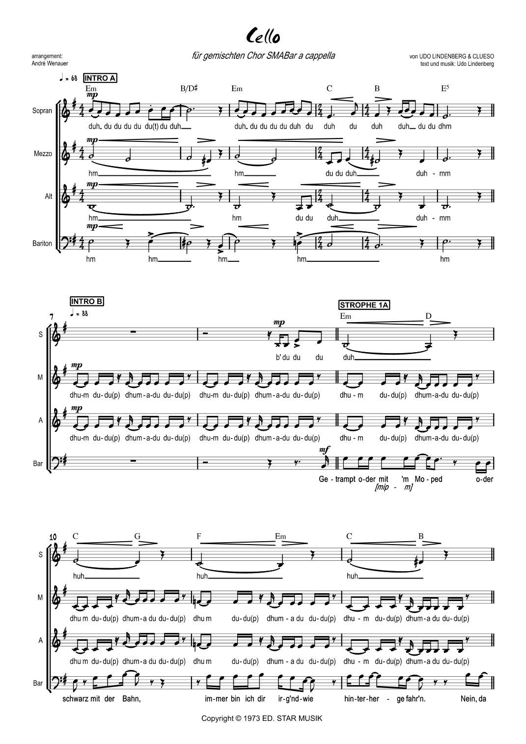 Cello (arr. André Wenauer) by Udo Lindenberg Sheet Music for SSAB Choir ...