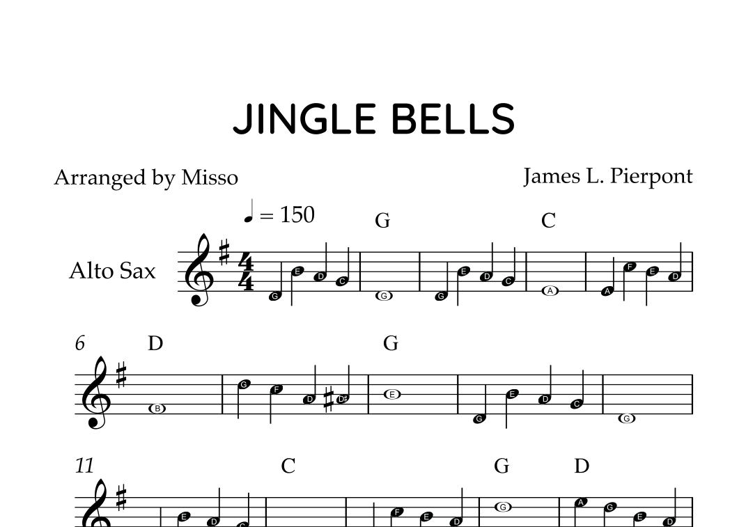 Jingle Bells - Alto Sax in Bb Major - Beginner With Letter Names (arr ...