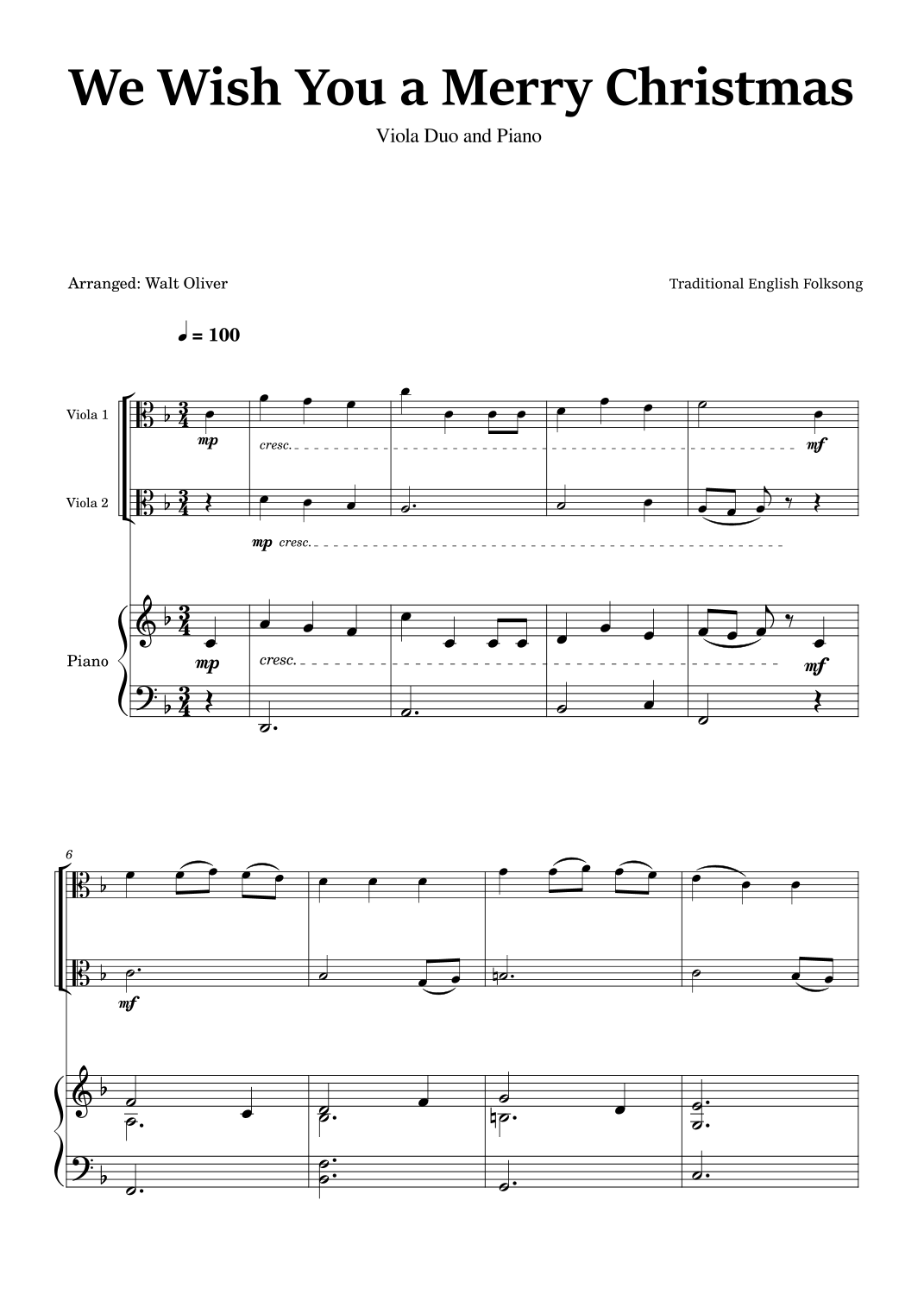 We Wish You a Merry Christmas - Easy Duet for Two Violas and Piano - F ...