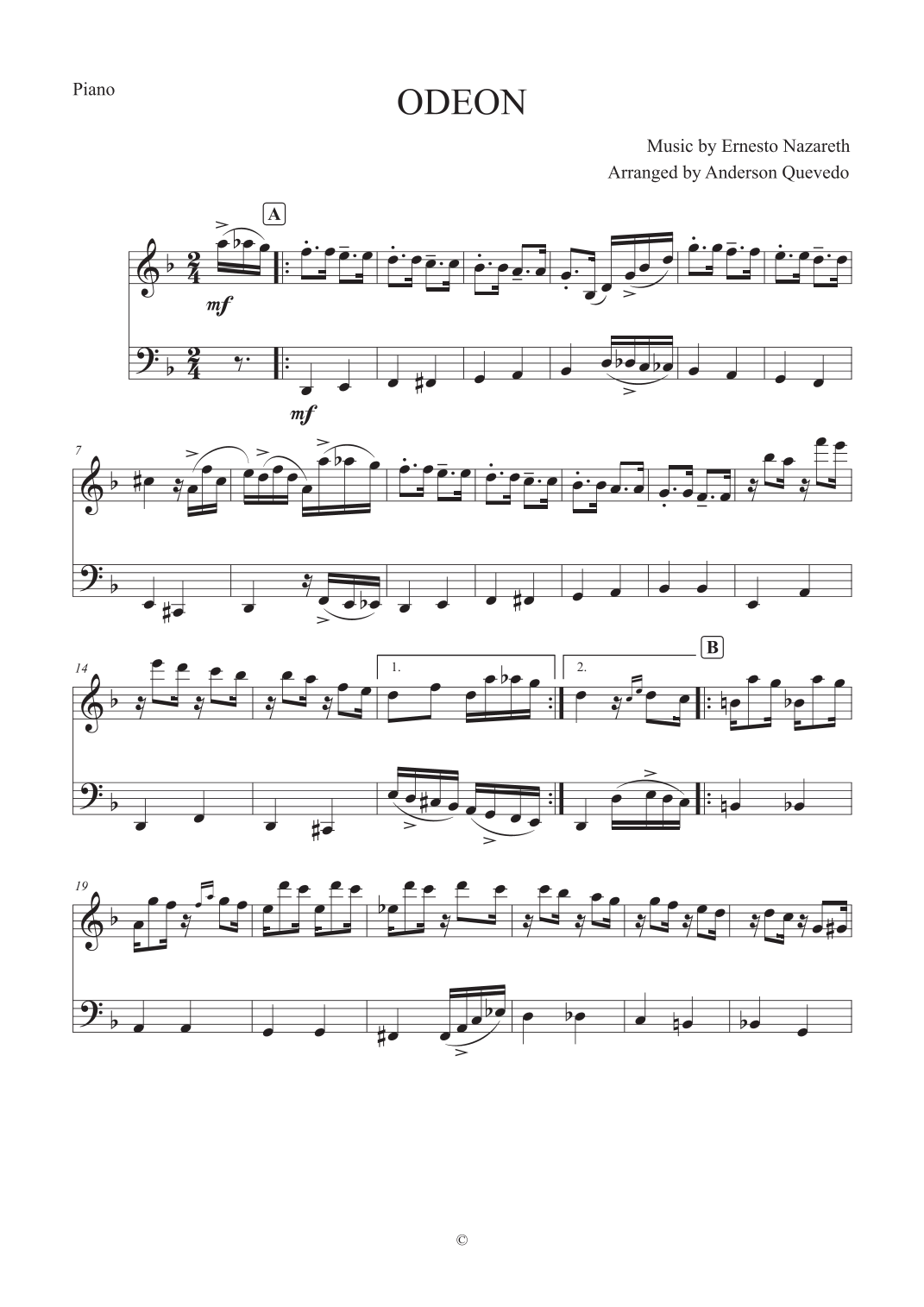 Odeon by Ernesto Nazareth for Piano (arr. Anderson Quevedo) por Ernesto Nazareth Partituras para ...
