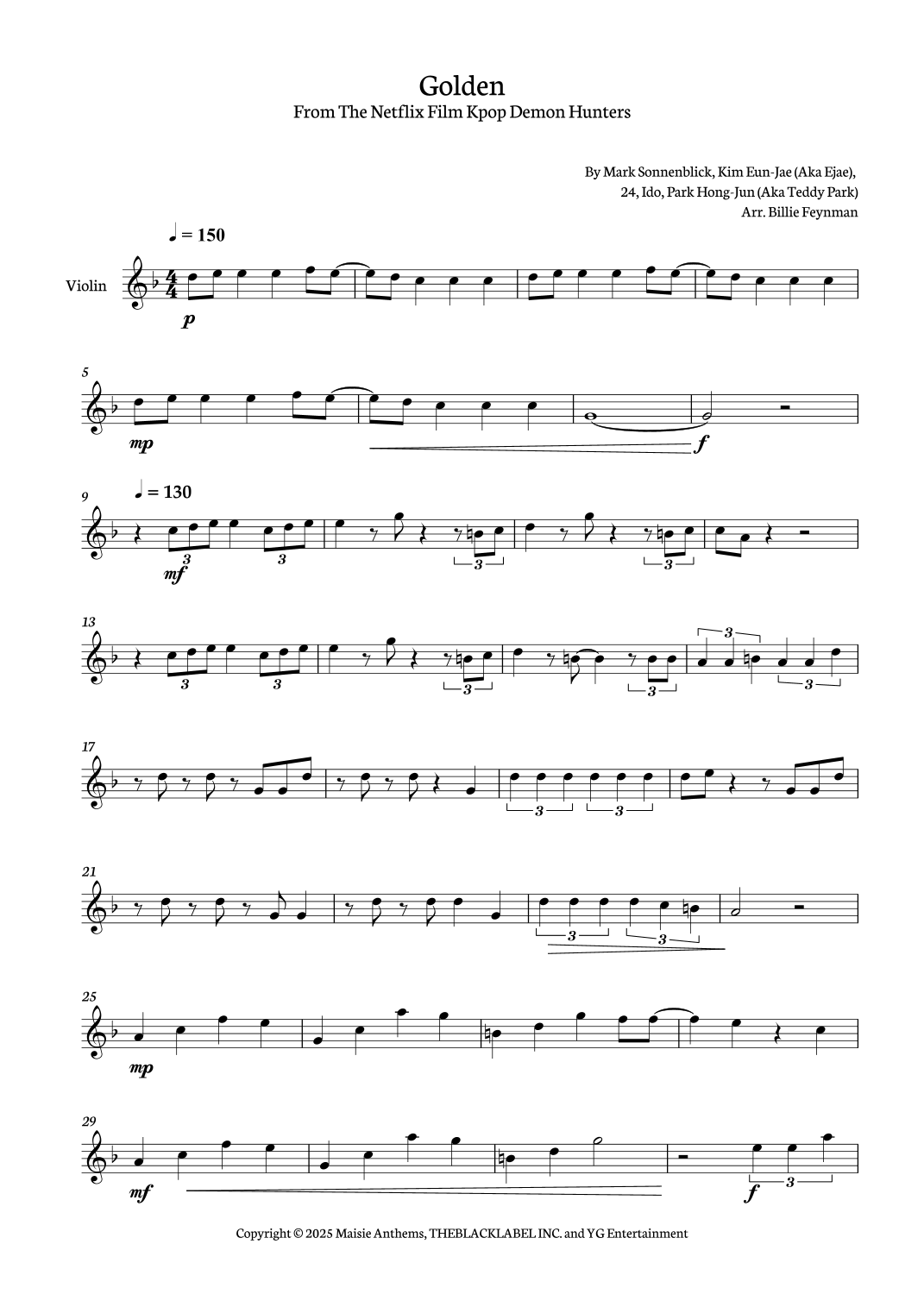 Golden (arr. Billie Feynman) by Huntr/X (Ejae, Audrey Nuna And Rei Ami ...