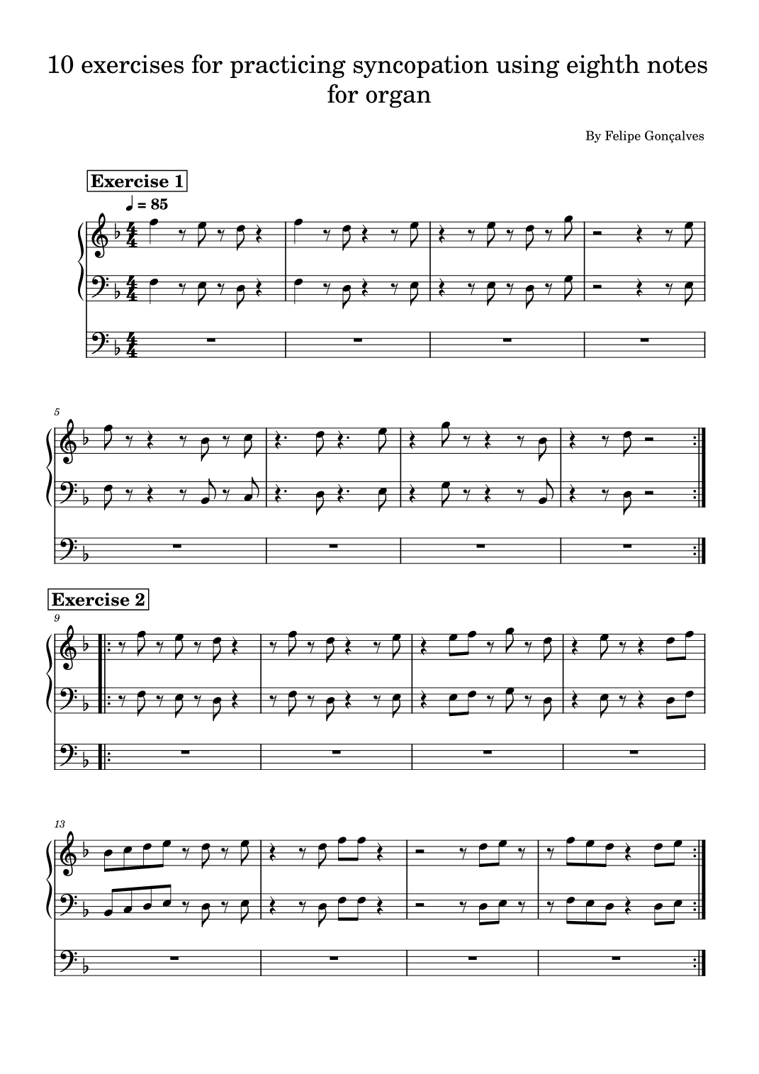 10 exercises for syncopation using eighth notes for organ in F major ...