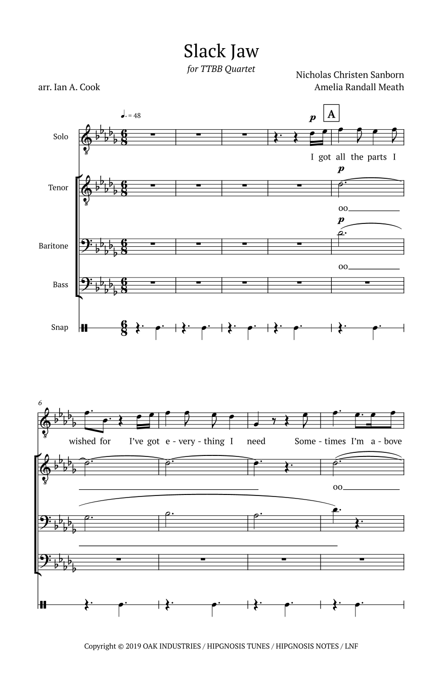 Slack Jaw (arr. Ian A. Cook) by Sylvan Esso Sheet Music for TTBB Choir ...