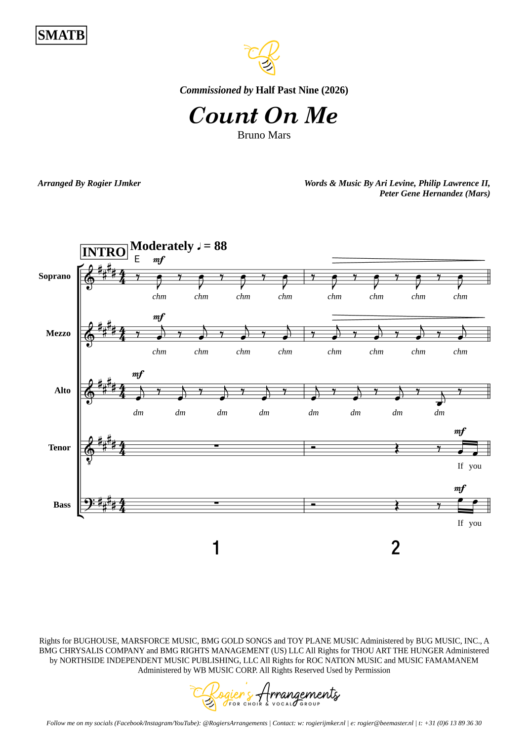 Count On Me (arr. Rogier Ijmker) by Bruno Mars Sheet Music for 5-Part ...