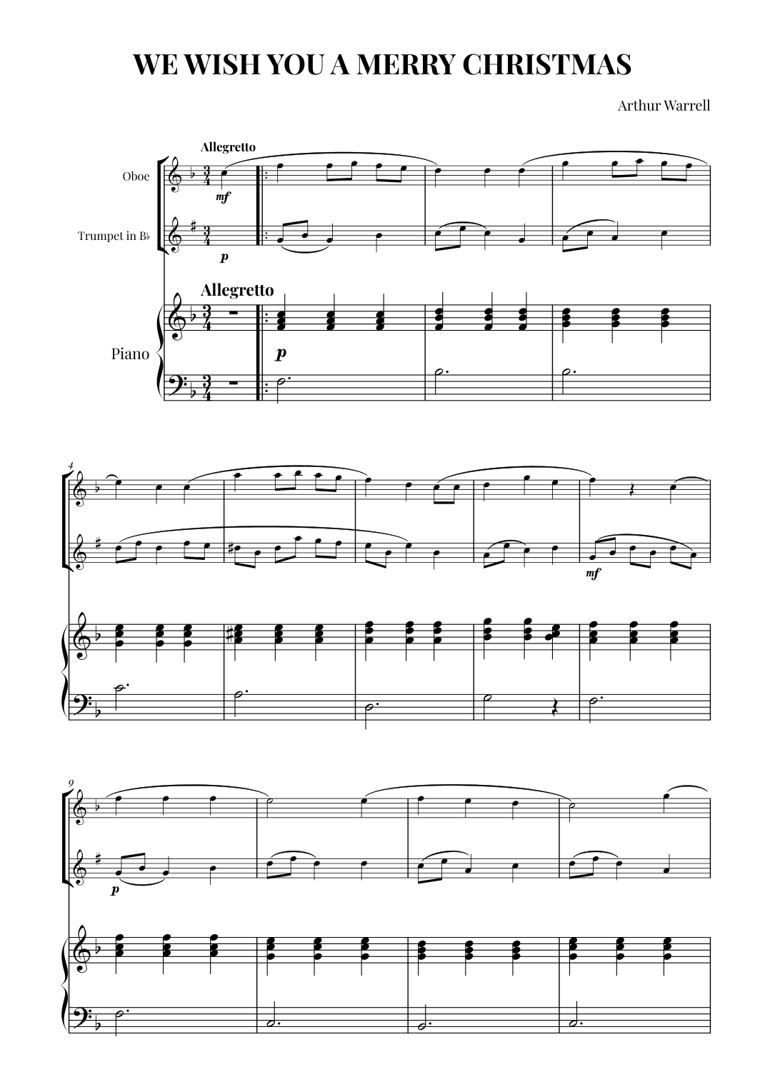 We Wish You a Merry Christmas - for Oboe,Trumpet and Piano (arr ...