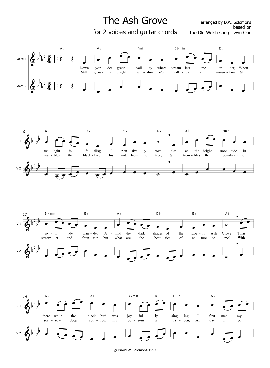 The Ash Grove arranged for 2 voices and guitar chords (in G, A flat, B ...