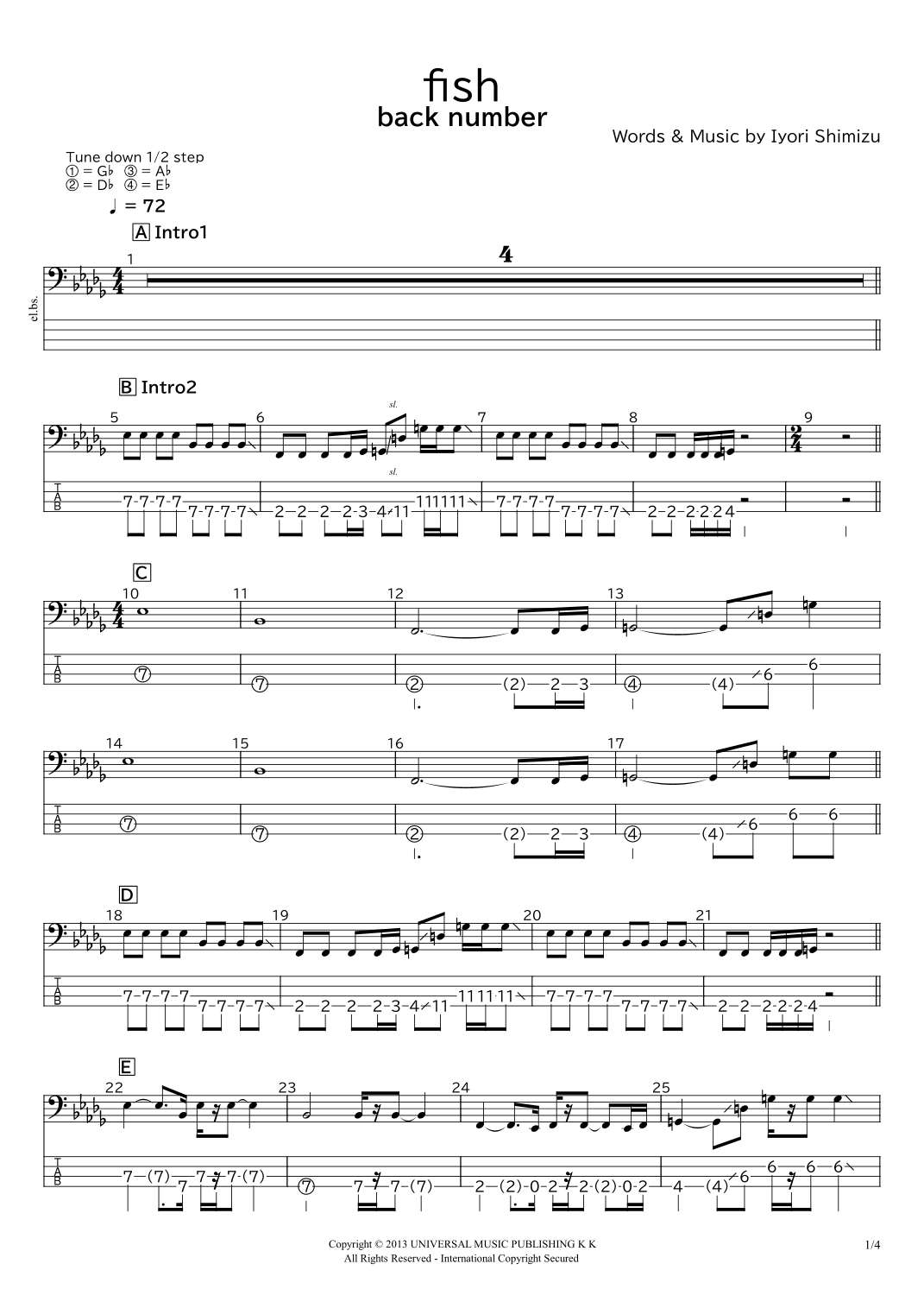 Fish (arr. bassscore.masspro) by Back Number Sheet Music for Bass ...
