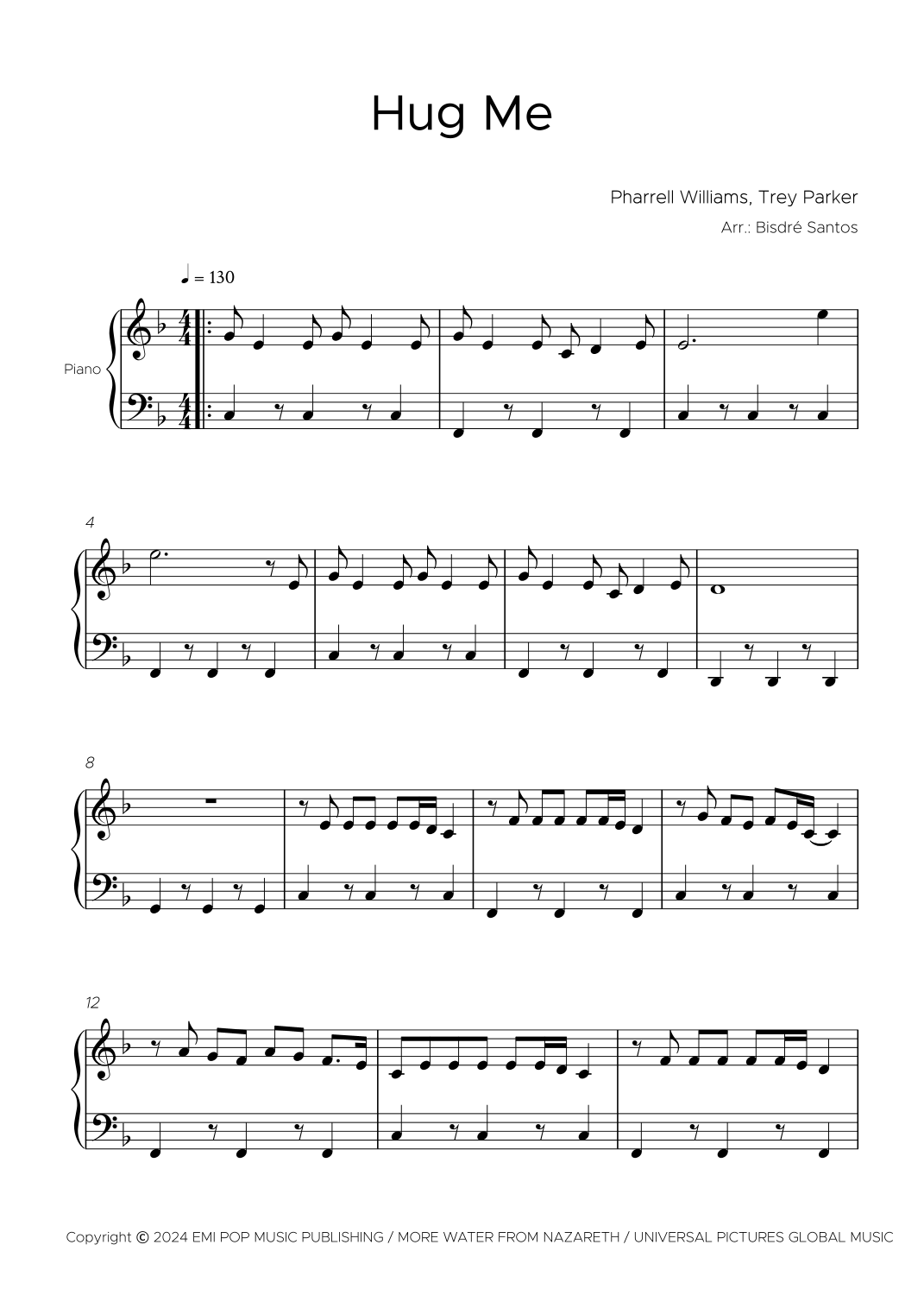 Hug Me (arr. Bisdre Santos) by Pharrell Williams Sheet Music for Easy ...