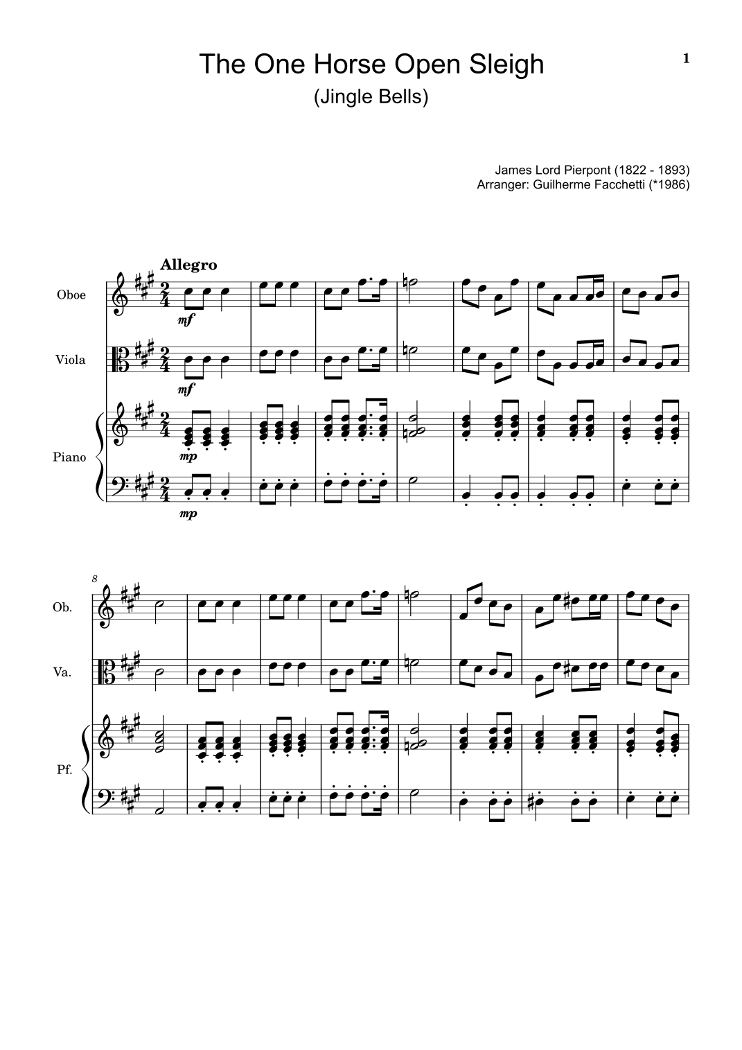 Jingle Bells - Oboe, Viola and Piano. With Parts (arr. Guilherme ...