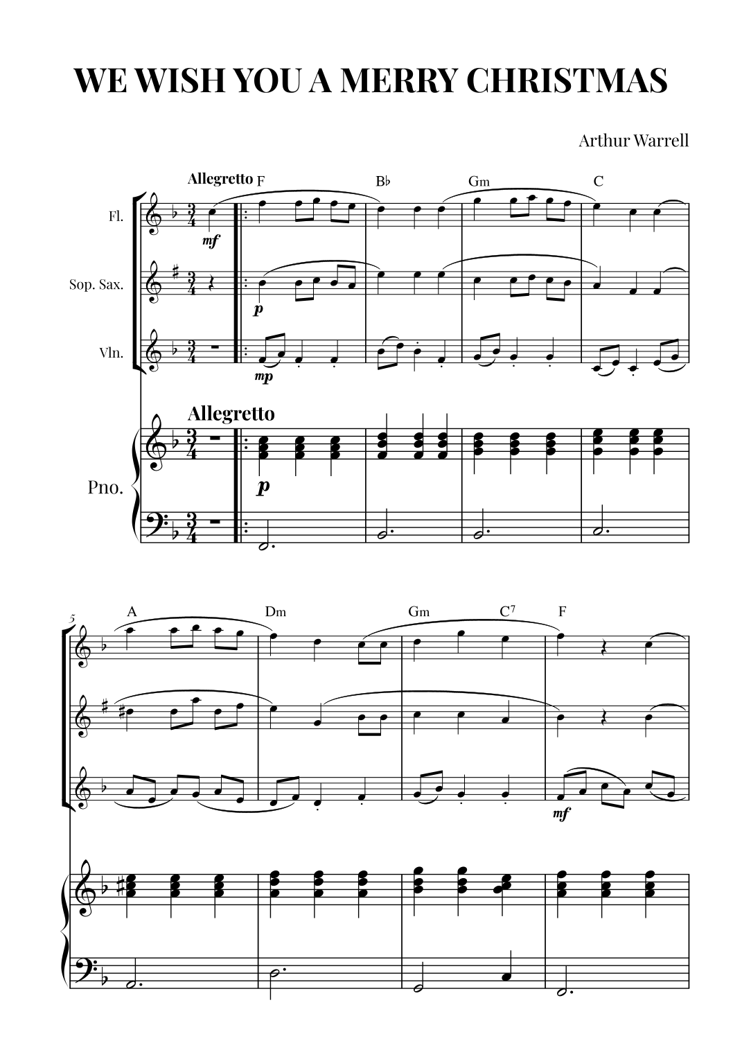 We Wish You a Merry Christmas - Flute, Soprano Sax, Violin and Piano ...