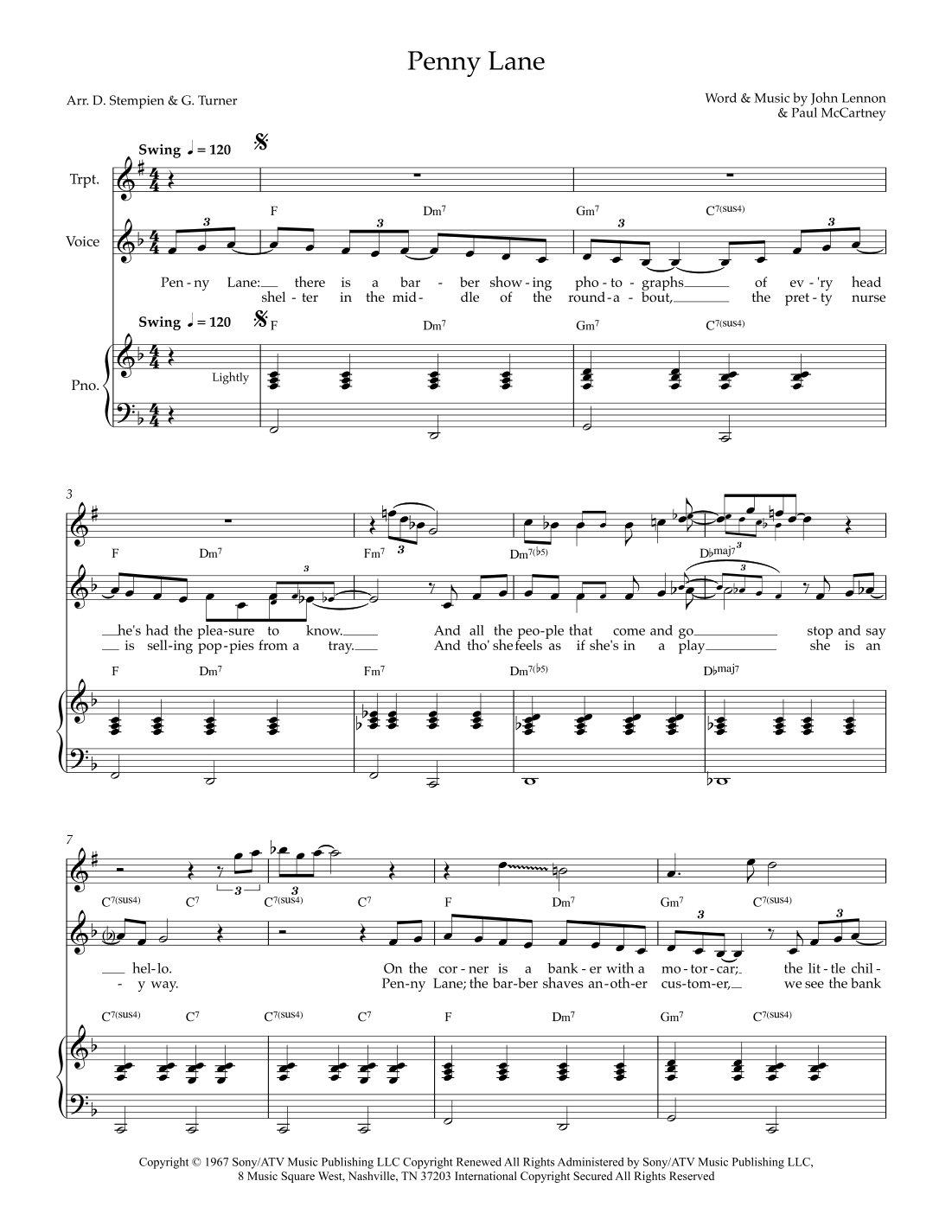 Penny Lane (arr. Debra E. Stempien, Gregory H. Turner) by The Beatles Sheet Music for Piano ...