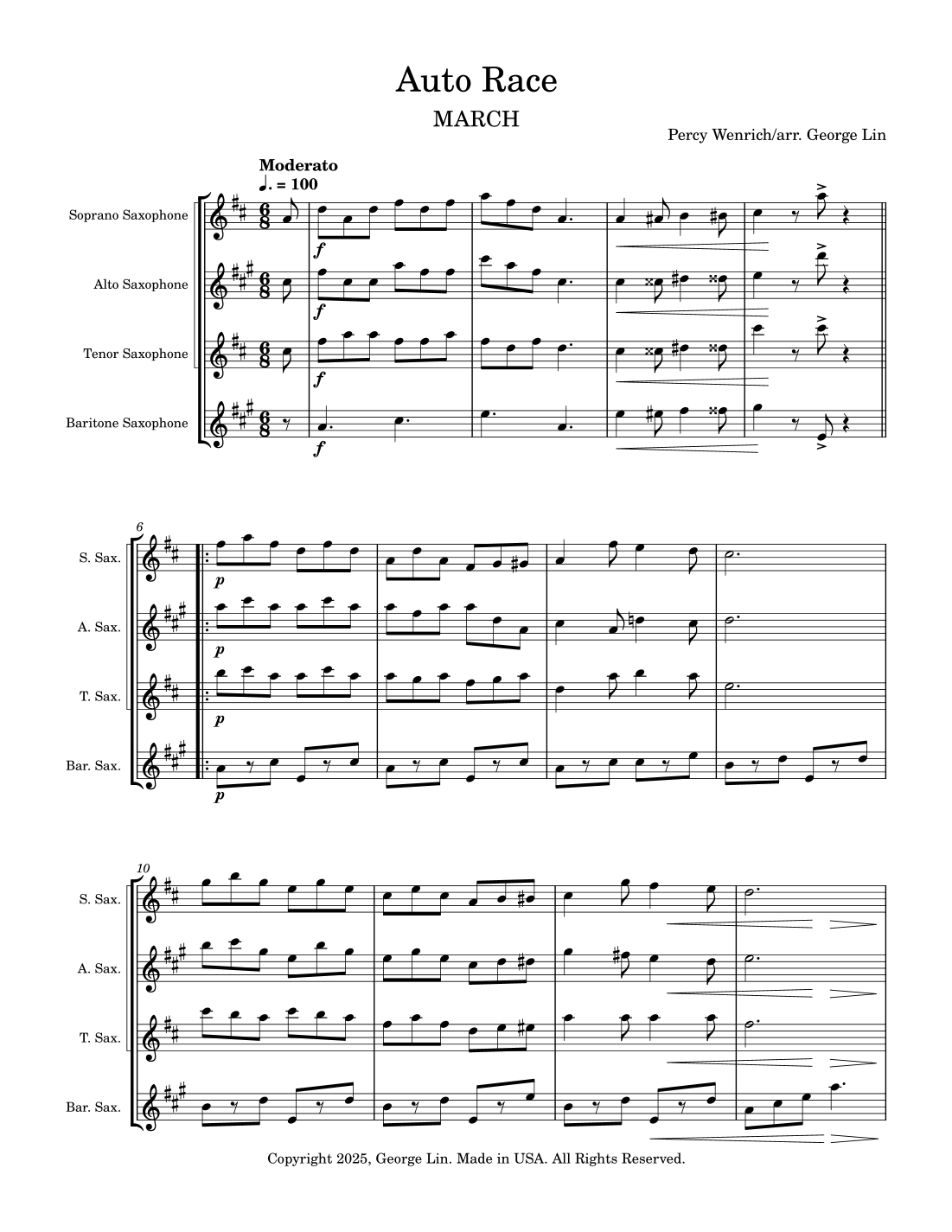 Auto Race (arr. George Lin) by Percy Wenrich Sheet Music for Woodwind ...