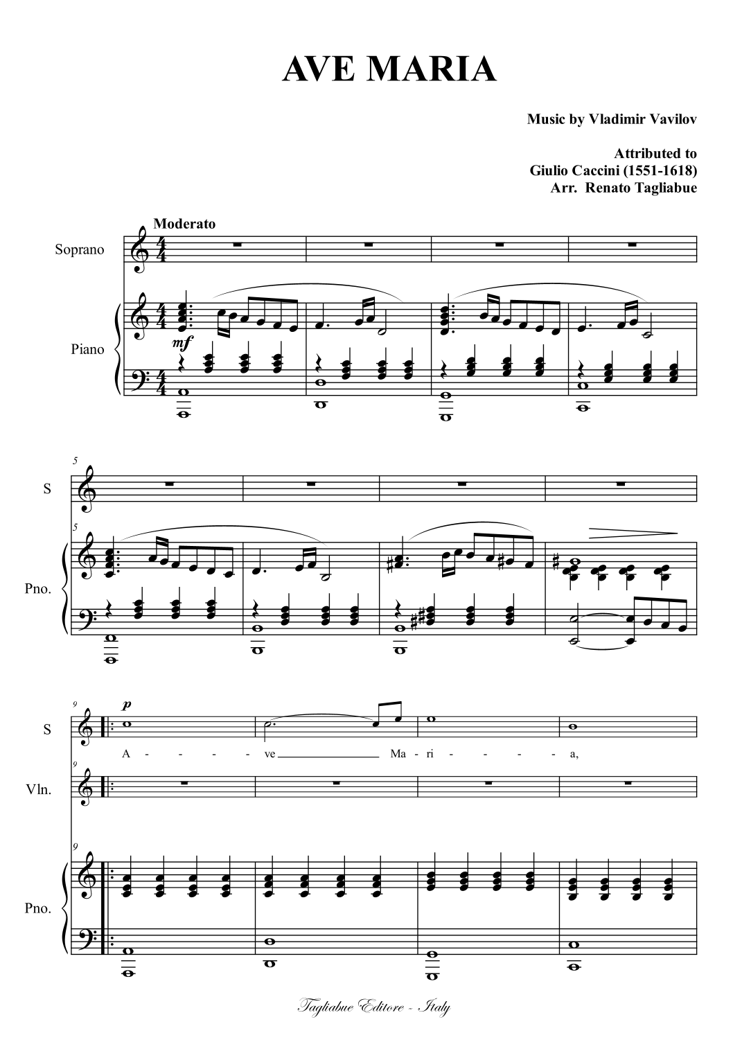 AVE MARIA CACCINI. Arr. for Soprano or Tenor, Violin (ad libitum) and Piano (arr. Renato ...