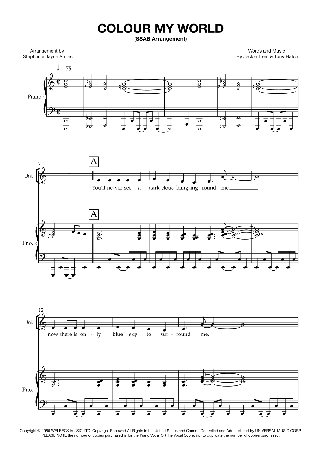 Color My World (arr. Stephanie Jayne Amies) by Petula Clark Sheet Music ...