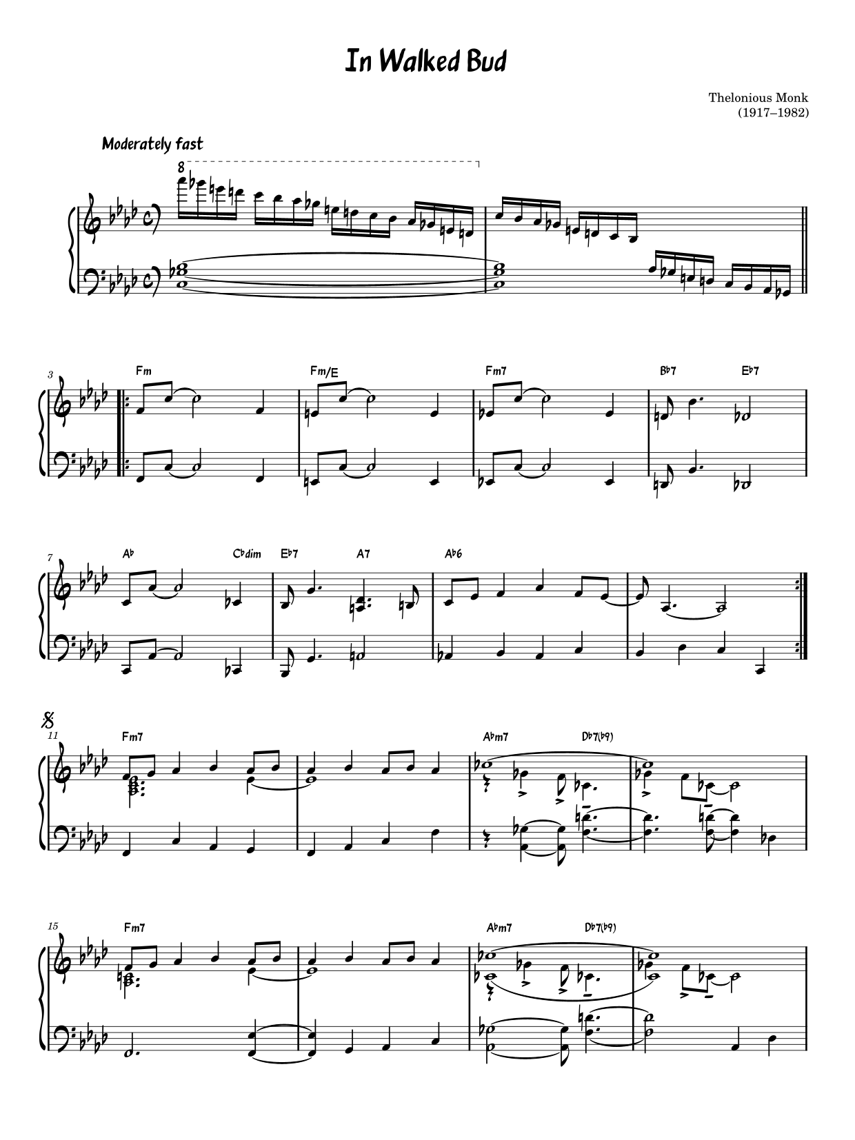 In Walked Bud (arr. Warren K.) by Thelonious Monk Sheet Music for Piano ...