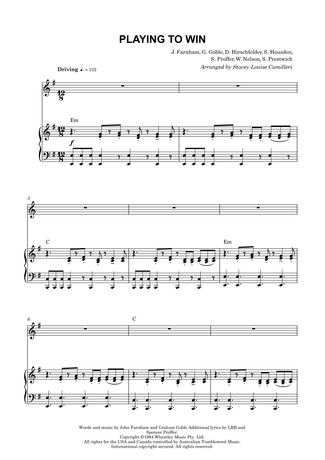Playing To Win (arr. Stacey-Louise Camilleri) by John Farnham Sheet ...