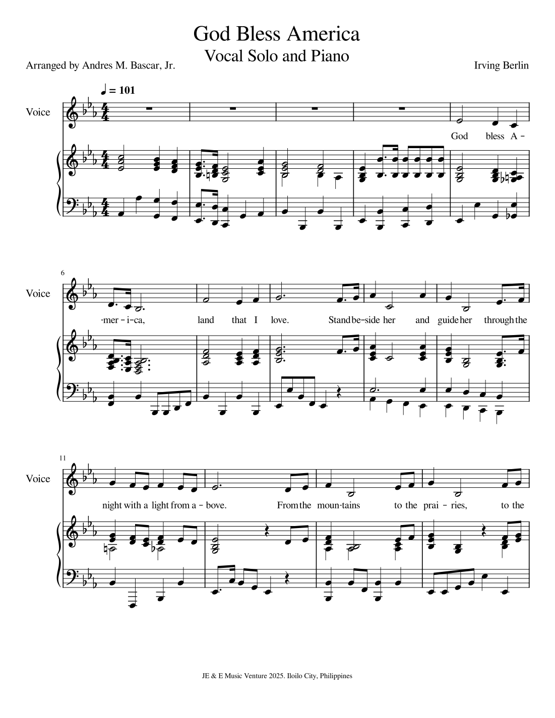 God Bless America (arr. Andres M Bascar Jr) by Irving Berlin Sheet ...