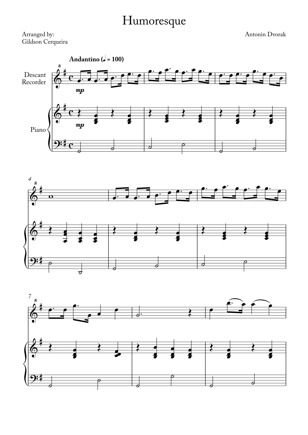 Humoresque (arr. Gildson Cerqueira) by Antonin Dvorak Sheet Music for ...