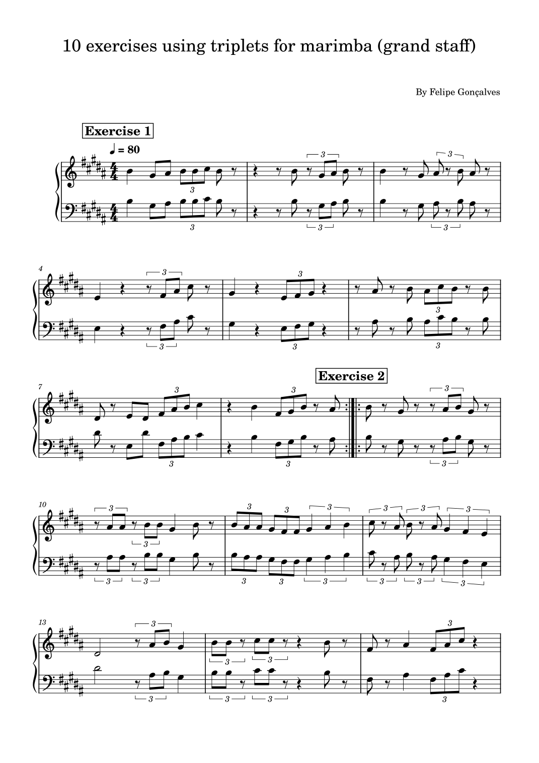 10 exercises using triplets for marimba (grand staff) in the key of B ...