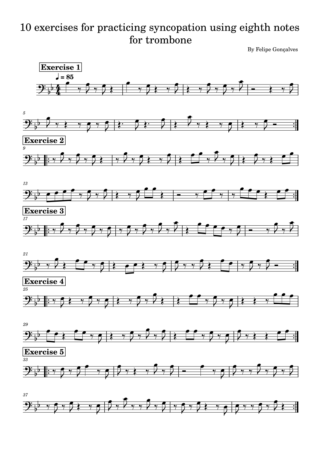 10 exercises for syncopation using eighth notes for trombone in A# ...