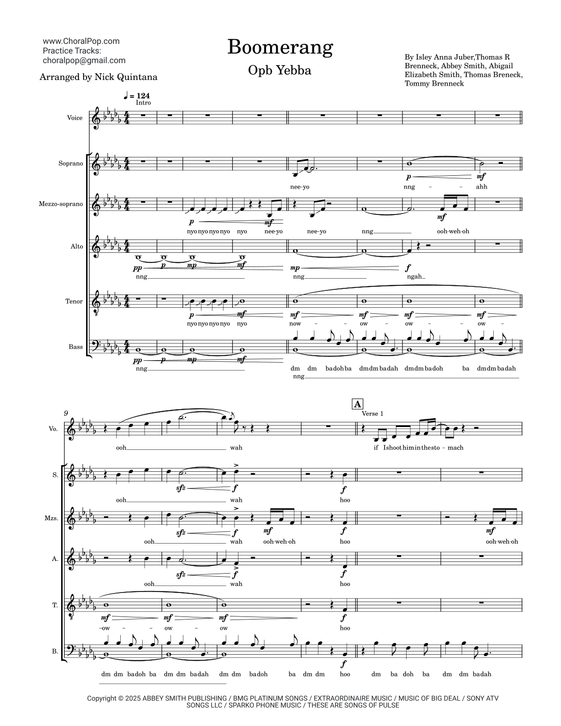 Boomerang (arr. Nick Quintana) by YEBBA Sheet Music for SATB divisi ...