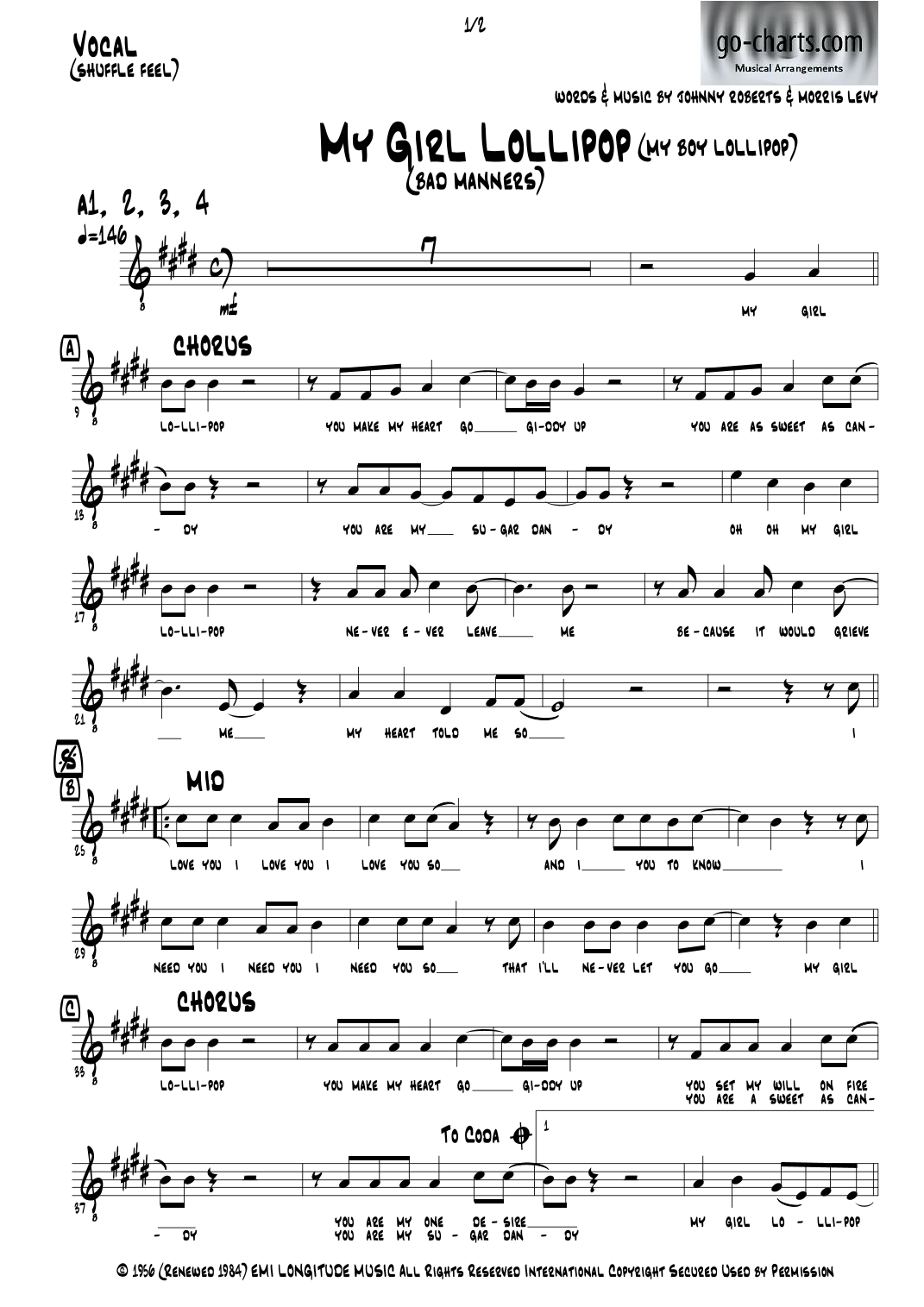 My Boy Lollipop (arr. Andy Davidson go-charts.com) by Millie Small ...
