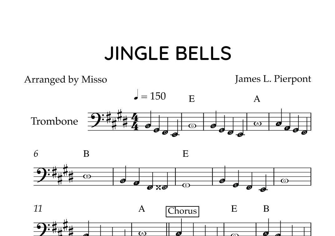 Jingle Bells - Trombone in E Major (Beginner With Letter Names & Chords) (arr. MissoRB) por ...