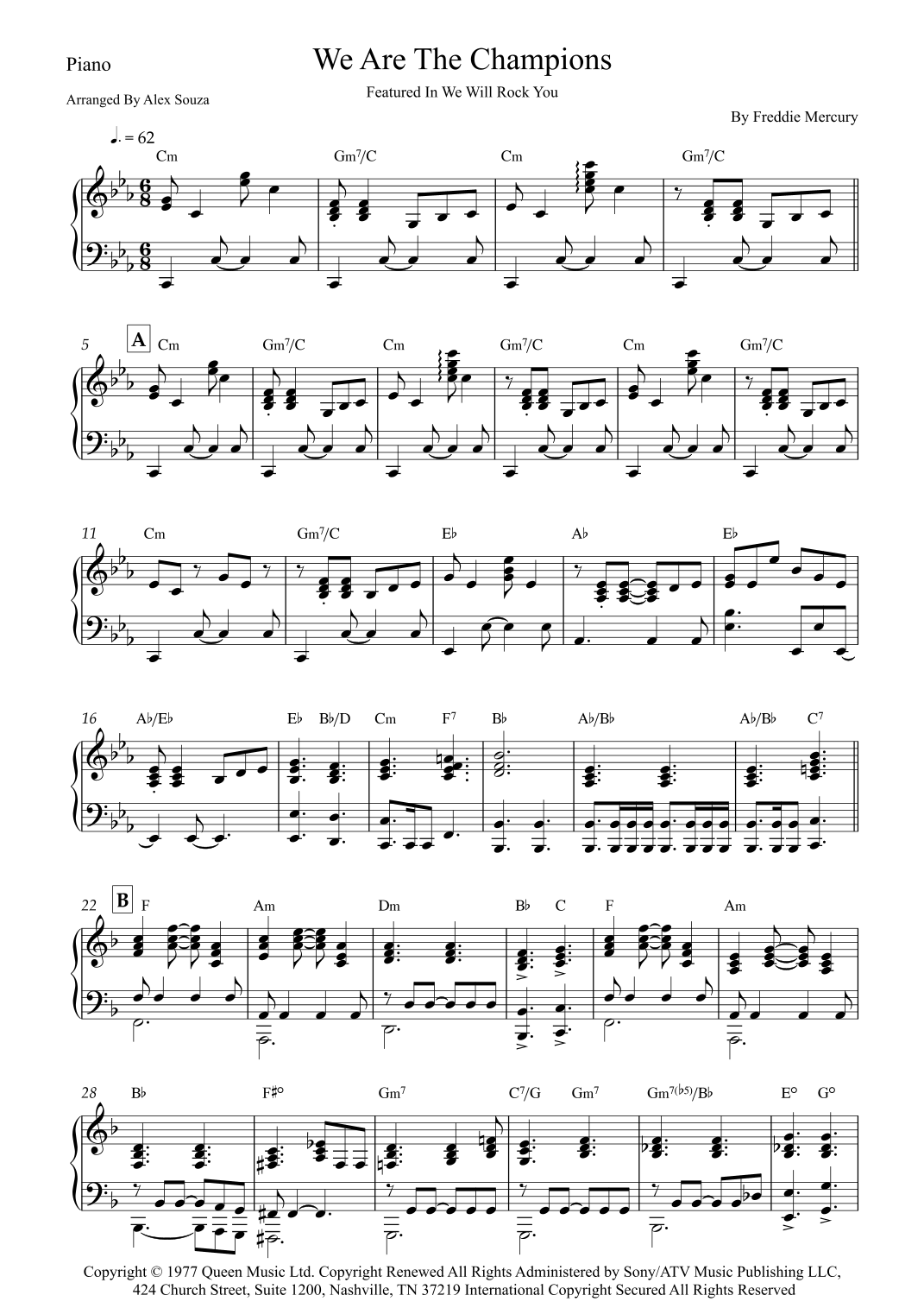 We Are The Champions (arr. Alex Souza) by Queen Sheet Music for Easy ...