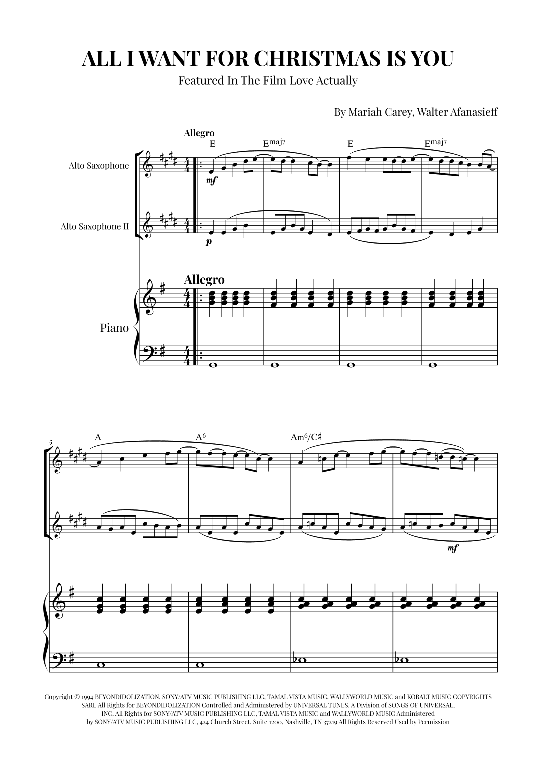 All I Want For Christmas Is You - Easy Alto Saxophone Duet with Piano ...
