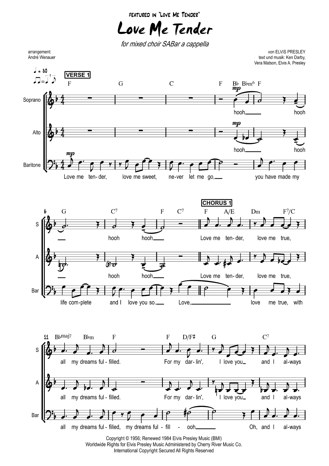 Love Me Tender (arr. André Wenauer) by Elvis Presley Sheet Music for ...