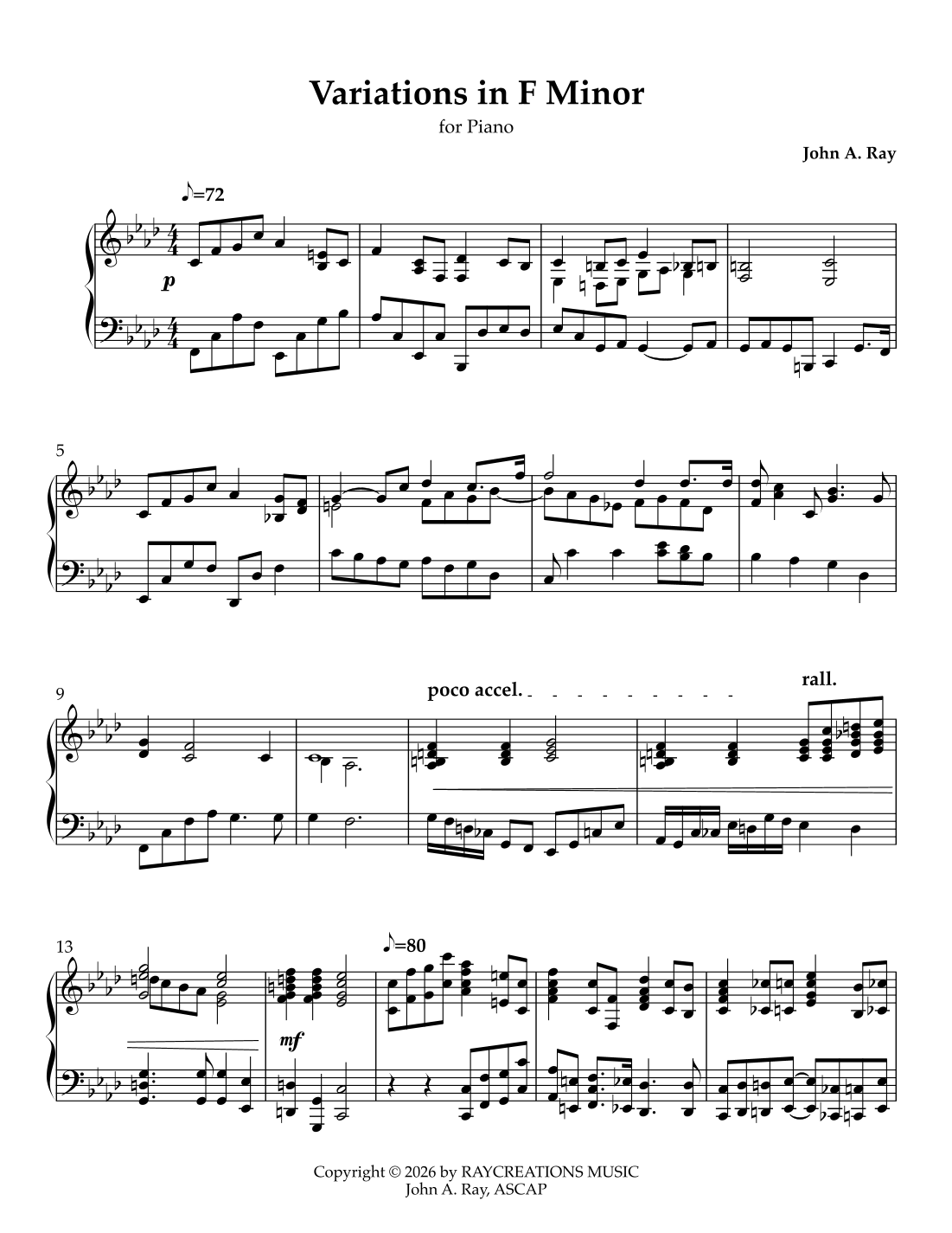 Variations in F Minor by John A.. Ray Sheet Music for Piano Solo at ...