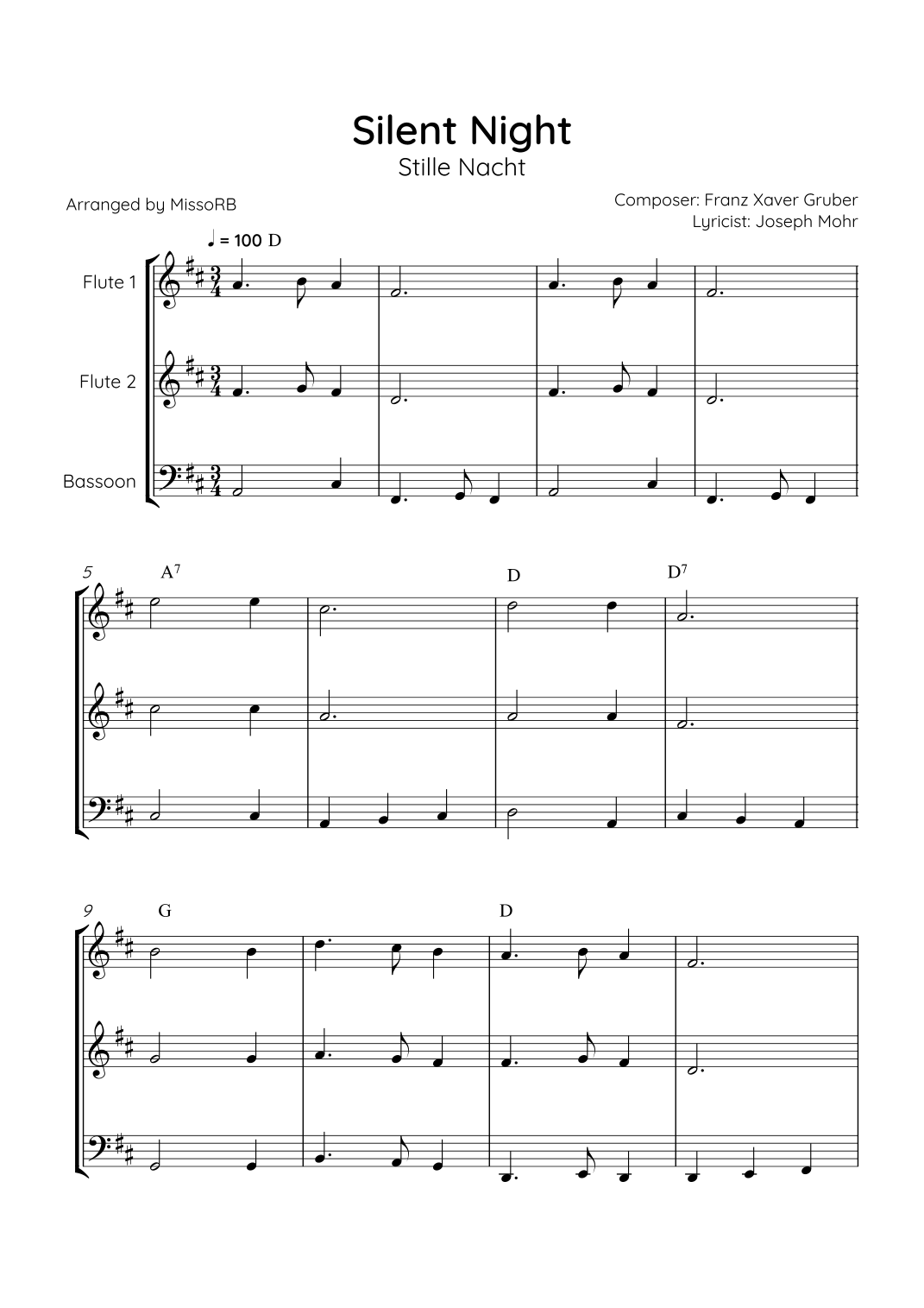 Silent Night" (Stille Nacht) - Duet Flute in D Major With Chords - Easy ...