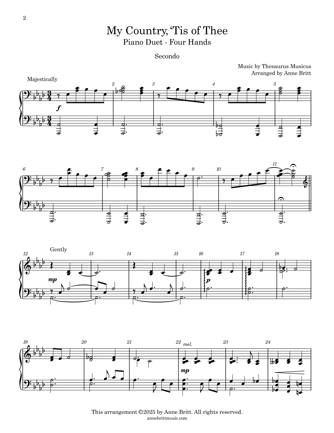 My Country, 'Tis of Thee (piano duet) (arr. Anne Britt) by Anonymous ...