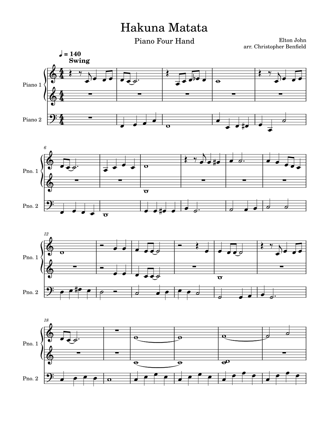 Hakuna Matata Sheet Music | Elton John | Piano Duet
