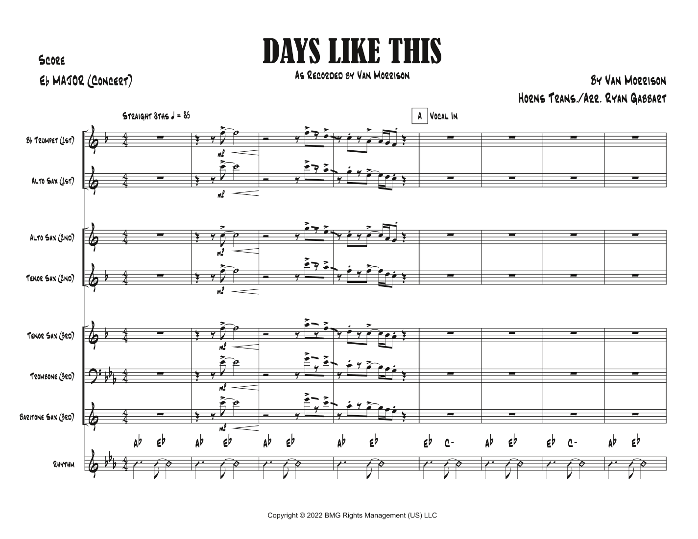 Days Like This (arr. Ryan Gabbart) by Van Morrison Sheet Music for ...