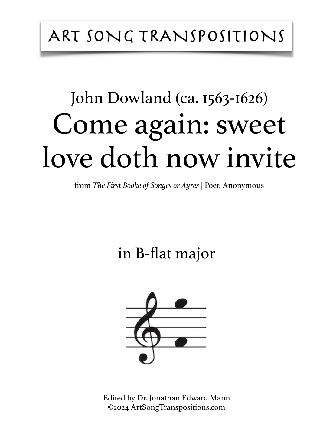 DOWLAND: Come again: sweet love doth now invite (transposed to B-flat ...