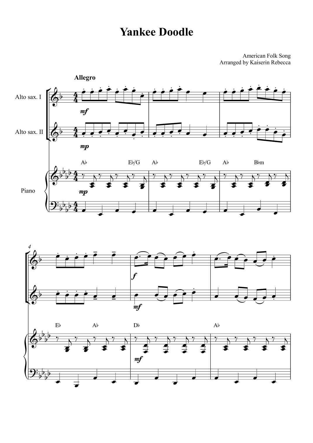 Yankee Doodle (arr. Kaiserin Rebecca) by American Folk Song Sheet Music ...