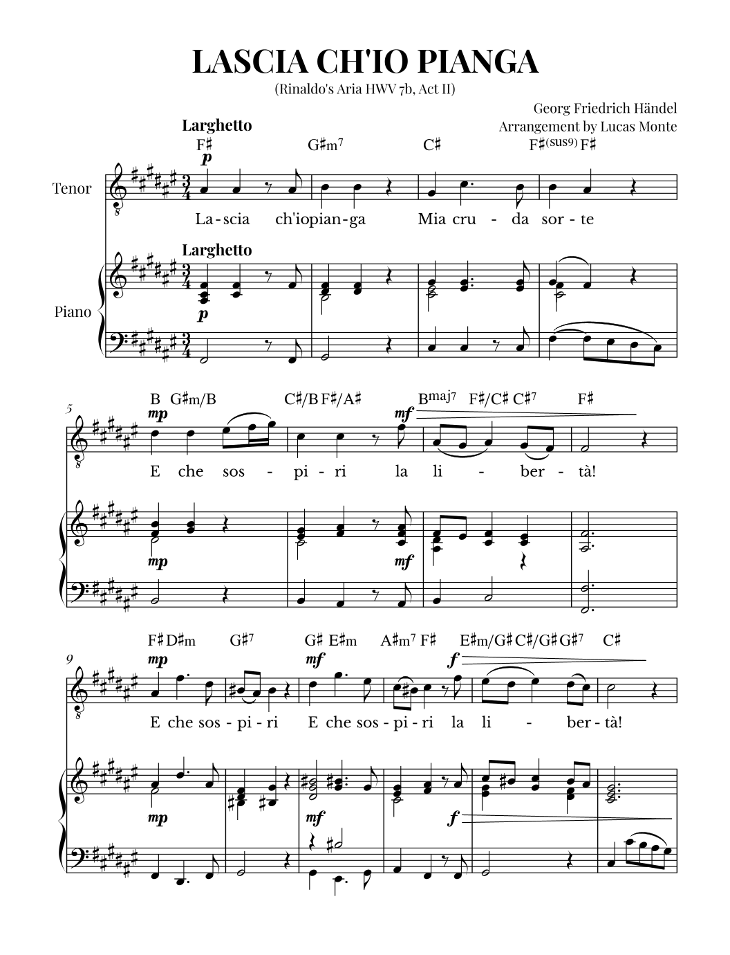 Lascia ch'io pianga in F# Major - Piano and voice (arr. Lucas Monte) by ...